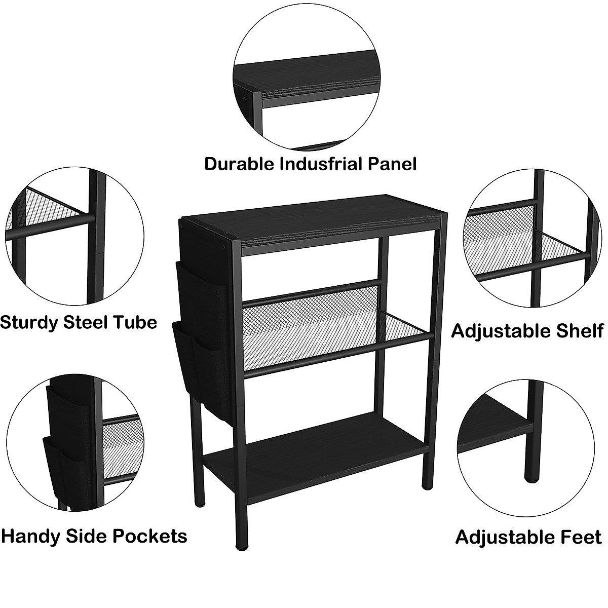 Yusong Small Narrow Side Table for Small Spaces, Slim End Table with Storage Bag, Sofa Snack Table with Adjustable Metal Mesh, 3 Tier Accent Skinny Beside Table for Living Room & Bedroom, Black Oak