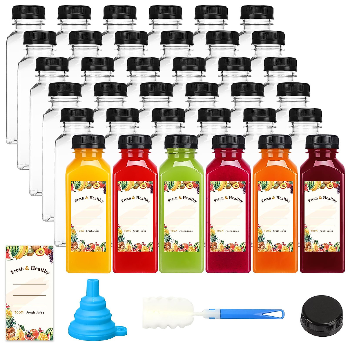 Moretoes 128pcs 12oz Juice Bottles, Plastic Juice Bottles with Caps, Reusable Drink Containers for Juicing, Smoothie and Other Beverages