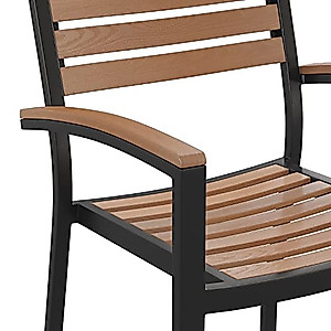 Flash Furniture Stackable Aluminum Patio Chair - All-Weather Black Framed Side Chair with Faux Teak Slats - Faux Teak Accented Arms - Commercial Grade - Set of 4