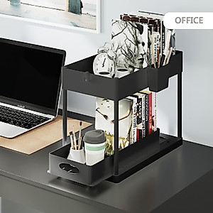 2 Pack Under Sink Organizer, Warmodern 2 Tier Bathroom Organizer Under Sink, Kitchen Cabinet Organizers and Storage Baskets with 16Hooks and 4 Hanging Cups, Multifunction Bathroom Under Sink Organizer