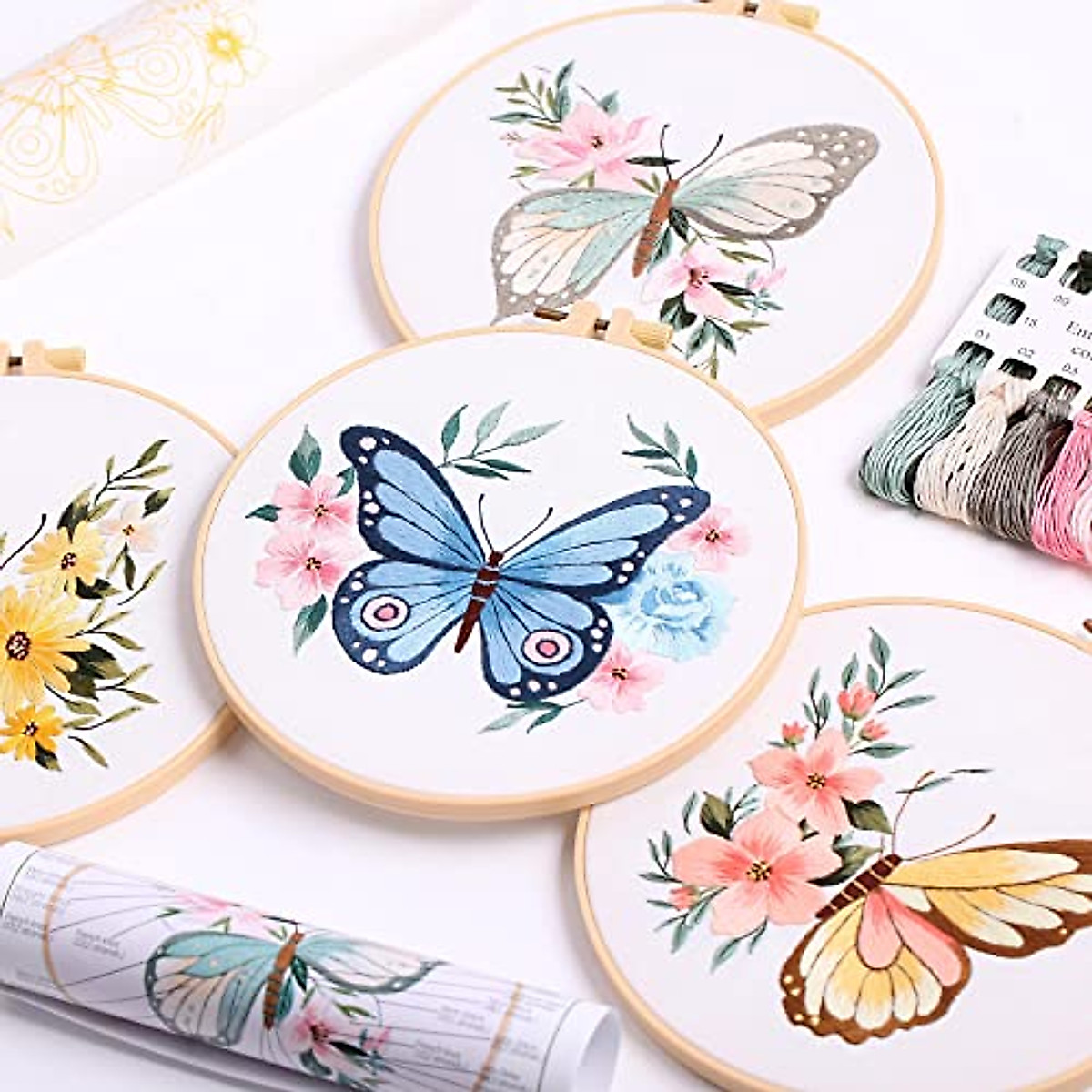 REEWISLY 4 pcs of Embroidery Starter kit with Patterns and Instructions, DIY Adult Beginner Cross Stitch Kits, Including 2 Plastic Embroidery Hoop, 1 Pair of Scissors, Colored Threads and Needles