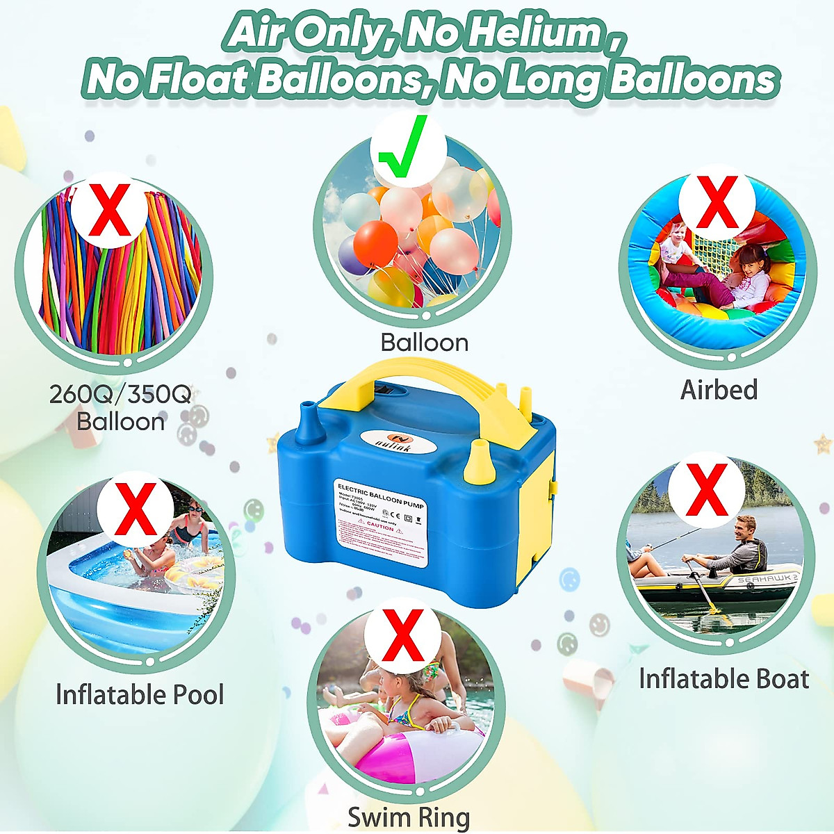 NuLink Electric Portable Dual Nozzle Balloon Blower Pump Inflation for Decoration, Party [110V~120V, 600W, Royal Blue]