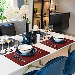 PARYEAH Faux Leather Placemats Set of 6, Two-Sided placemat with Coaster Heat Resistant Placemats for Dining Table Waterproof Wipeable Washable Table Mats (Red & Grey, Set of 6)