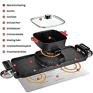 GELTTULU Hot Pot with Grill, 2700W 3 in 1 Electric Korean BBQ Grill Smokeless and Separable Hot Pot for 7-10 People, Dual Temperature Control, 5 Speed Adjustable, Oil Spill Dish for Simmer,Fry, Roast, Black