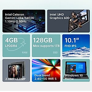 ALLDOCUBE iWORK20 2-in-1 Laptop, Tablet PC with Keyboard (and Stylus Pen), 10.1" Windows Tablet, Intel N4020 CPU, 4GB RAM/128GB ROM, Windows 10, Type-C, Support HDMI, Convertible Laptop