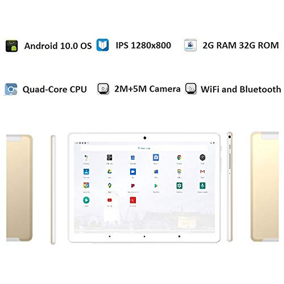 ibowin 10.1Inch 1280x800 IPS Android 10.0OS Tablet PC 2G RAM 32G ROM Quad-core Processor Type C Charge 3G Unlocked SIM 5M Camera Bluetooth (Golden)