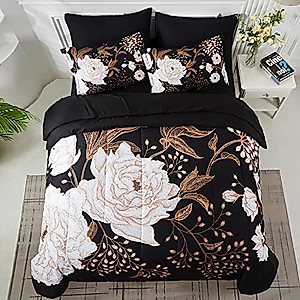Yogeneg 7 Piece Bed in a Bag King Size Comforter Set Botanical Floral Bedding Set,White Flower Leaves Printed on Black Reversible Design,Soft Microfiber Comforter with Sheet Set,All Season(Black,King)