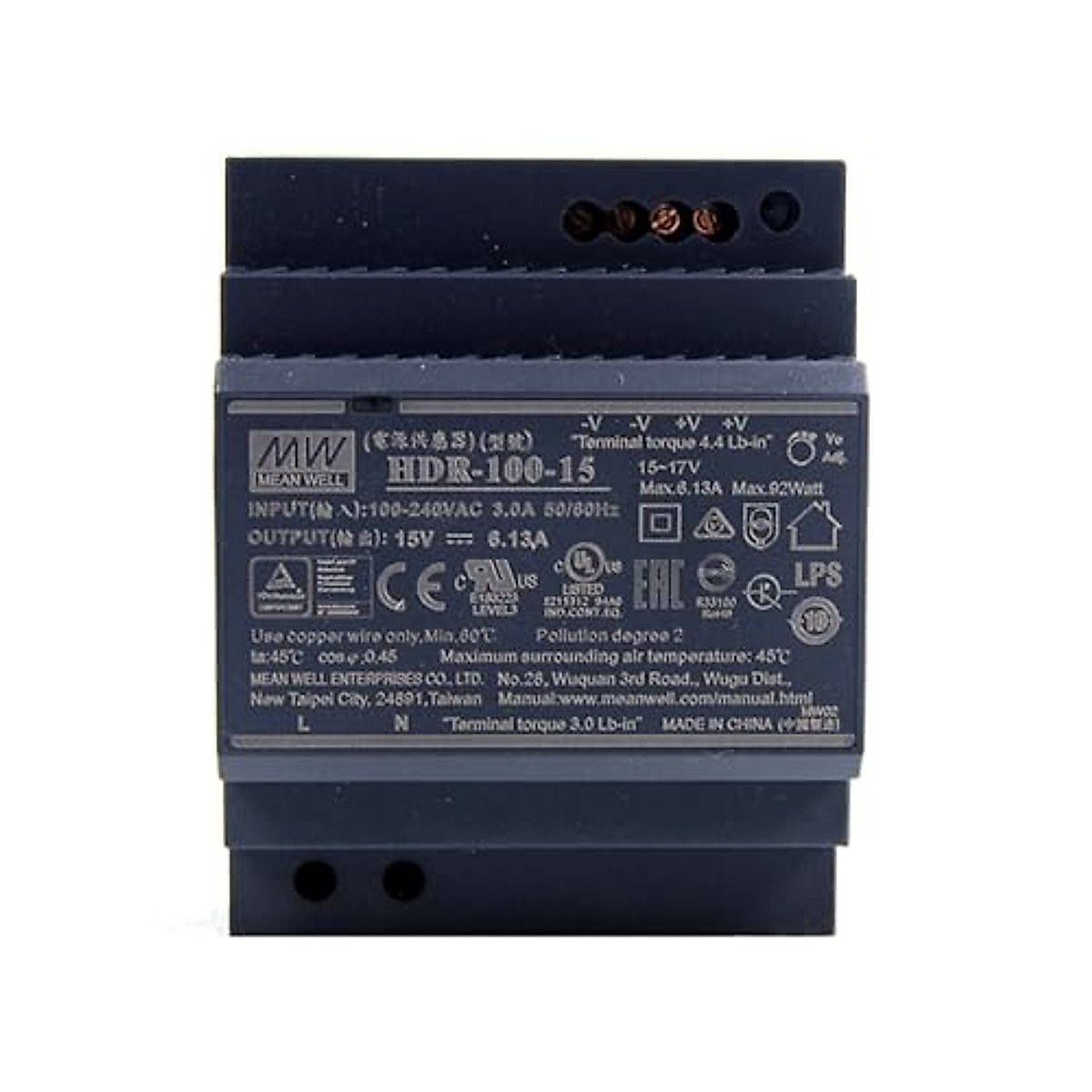 TorqCali HDR-100-15 85W Slim DIN Rail Power Supply 15V 6.13A Universal Input for Industrial Automation, Building Automation, and Home Automation
