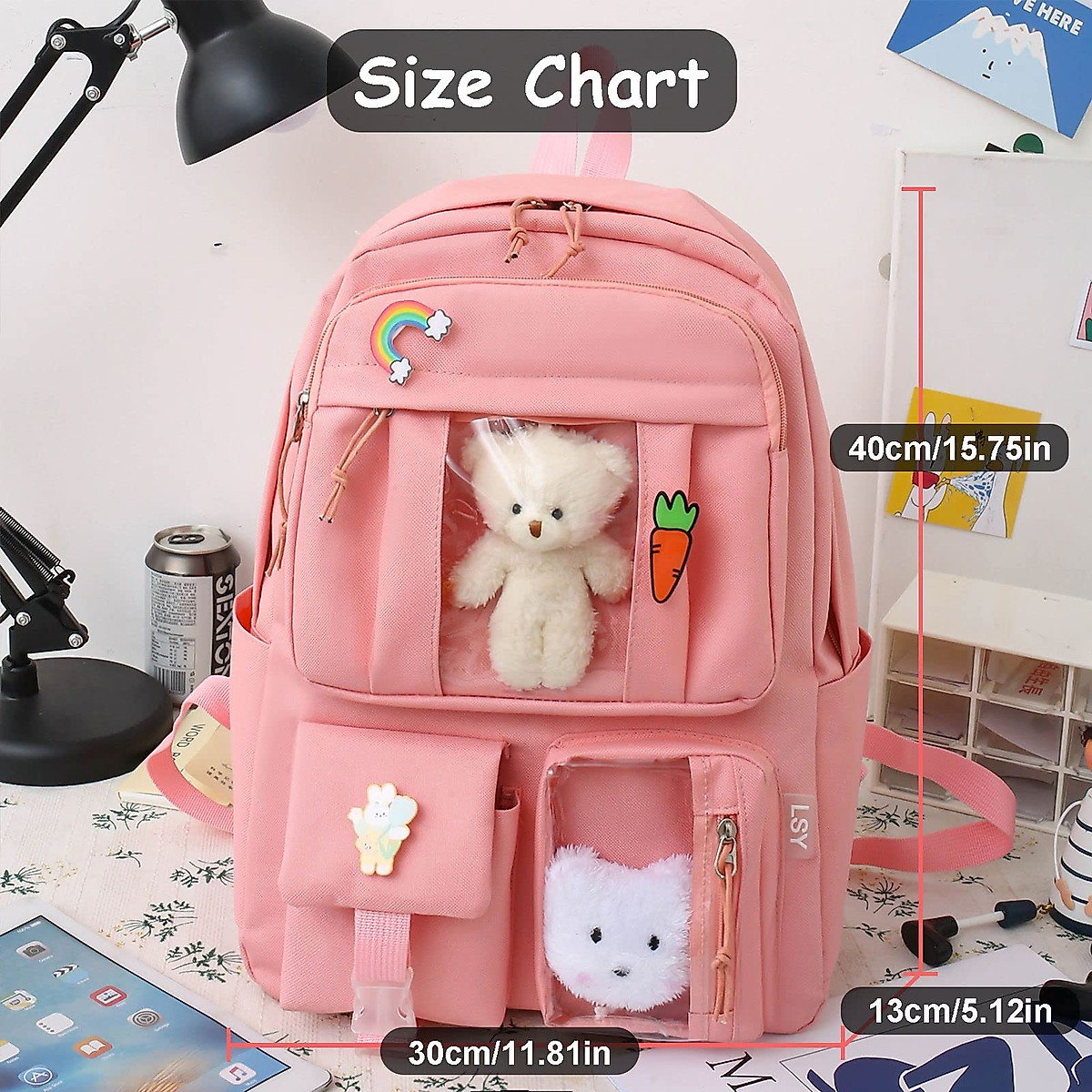YGYCF Kawaii Backpack 5Pcs Set for Student with Cute Bear Accessories - School Bags for Teen Girls Back to School Supplies Essentials Aesthetic Bookbag, A Pink