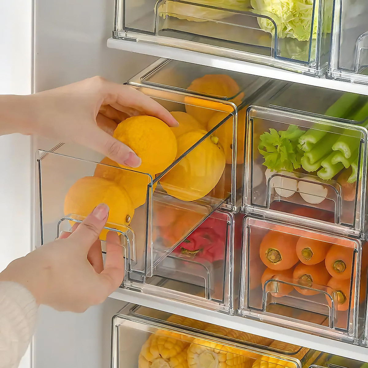 MANO 2Pack Clear Fridge Drawers Pull Out Stackable Refrigerator Drawer Organizer Bins Pantry Storage Box Plastic Food Containers for Kitchen Bathroom Office Closet(X-Small)