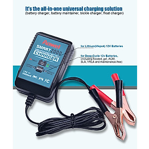 Aowel 12V, 2-Amp Fully Automatic Battery Charger & Maintainer for Car, Lawn Mower, ATV, Motorcycle, Boat, Marine Lithium(LifePO4) and AGM, Deep Cycle Lead-Acid Batteries