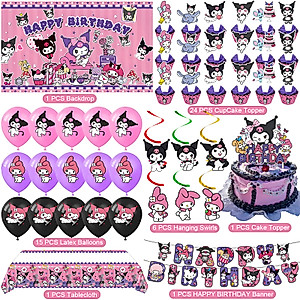 Kuromi Birthday Party Supplies, Party Decorations Set Include Banner, Backdrop, Balloons, Hanging Swirls, Cake Cupcake Toppers, Tablecloth for Girls Kuromi Theme Party