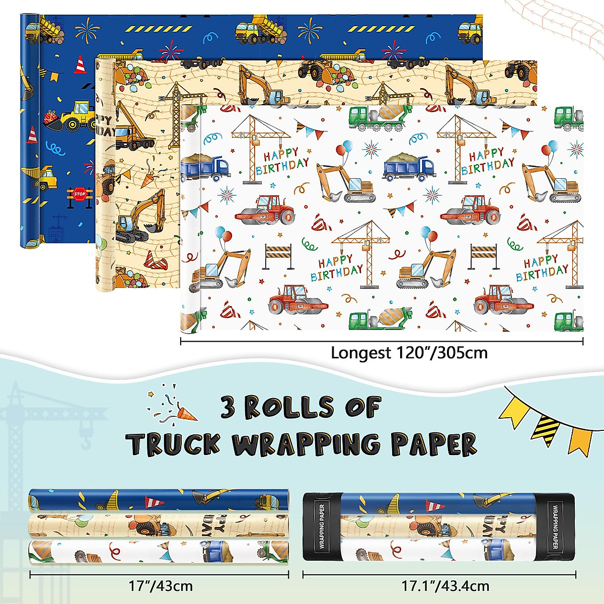 WERNNSAI Construction Wrapping Paper Rolls - 3 Short Rolls Birthday Wrapping Paper Rolls Kids Boys Wrapping Paper Rolls Trucks Wrapping Paper Blue Yellow White Gift Wrapping Paper with Cut Lines 17 in x 10 ft