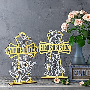 2 Pcs Easter Decorations Jesus Cross Sign Table Centerpieces Gold He Is Risen Cross Wood Tabletop 11in Alleluia Flower Christians Table Set Decor for Easter Tabletop Home Indoor Outdoor Spring Decor