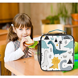 OREZI Childish Cute Dinosaur School Lunchbox for Boys Girls,Insulated Lunch Tote Bag with Adjustable Strap,Leakproof and Durable Lunch Cooler for Work Office