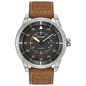 Citizen Men's Eco-Drive Weekender Avion Field Watch in Stainless Steel with Brown Leather strap, Grey Dial (Model: AW1361-10H)