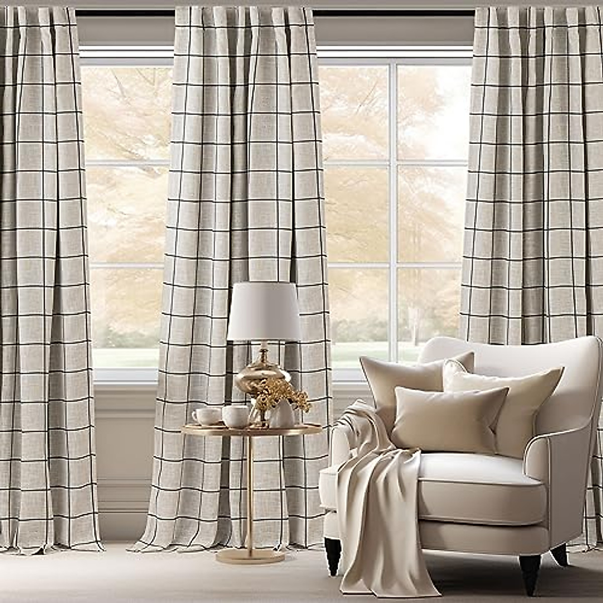 MIULEE Plaid Blackout Curtain - Thick Linen Curtain with White Liner, Farmhouse Checkered Gingham Pattern Window Drape Back Tab & Rod Pocket for Living Room Bedroom, Black, W52 x L96 inches, 1 Panel