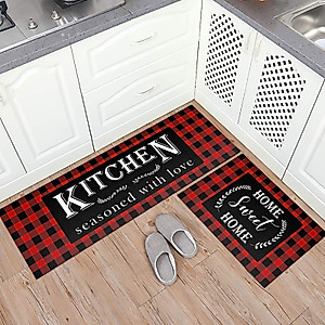 HOLVDENG Red Buffalo Plaid Kitchen Mat Set of 2 Non Slip Thick Kitchen Rugs and Mats for Floor Comfort Standing Mats for Kitchen, Sink, Office, Laundry, 17"x47"+17"x28"