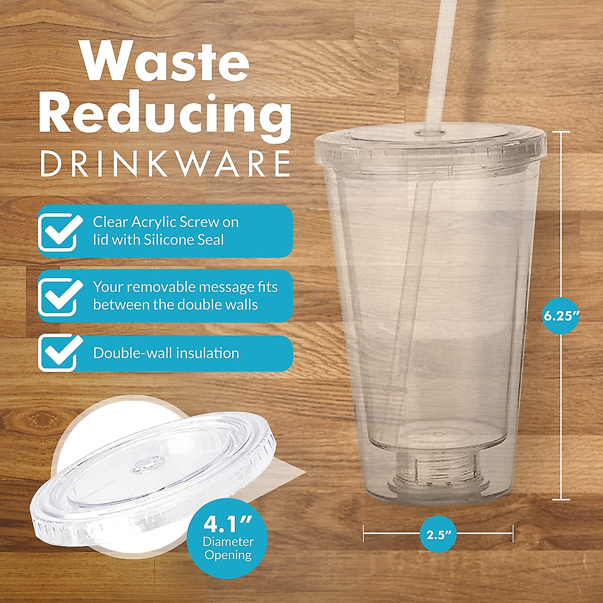 Simple Green Solutions - Customizable Paper Insert Acrylic Double Wall Cup for Cold Drinks, Clear Reusable Cups with Lids & Straws, Insulated Plastic Tumblers with Lids & Straw, Acrylic Tumblers, 16oz