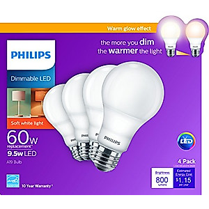 Philips LED Dimmable A19 Light Bulb with Warm Glow Effect 800-Lumen, 2200-2700 Kelvin, 9.5-Watt (60-Watt Equivalent), E26 Base, Frosted, Soft White, 4-Pack