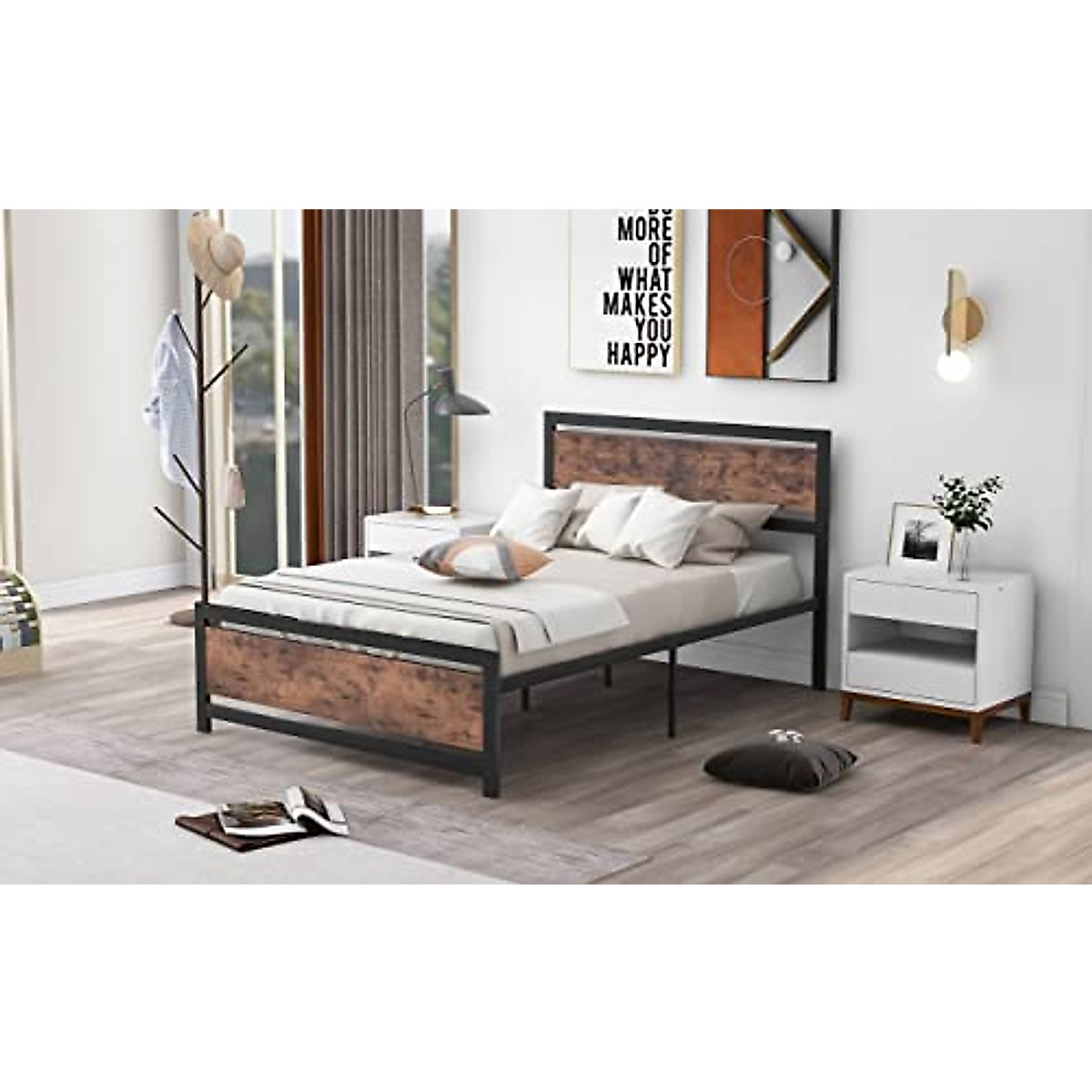 Epinki Metal and Wood Bed Frame with Headboard and Footboard, Full Size Platform Bed, No Box Spring Needed, Easy to Assembly Black