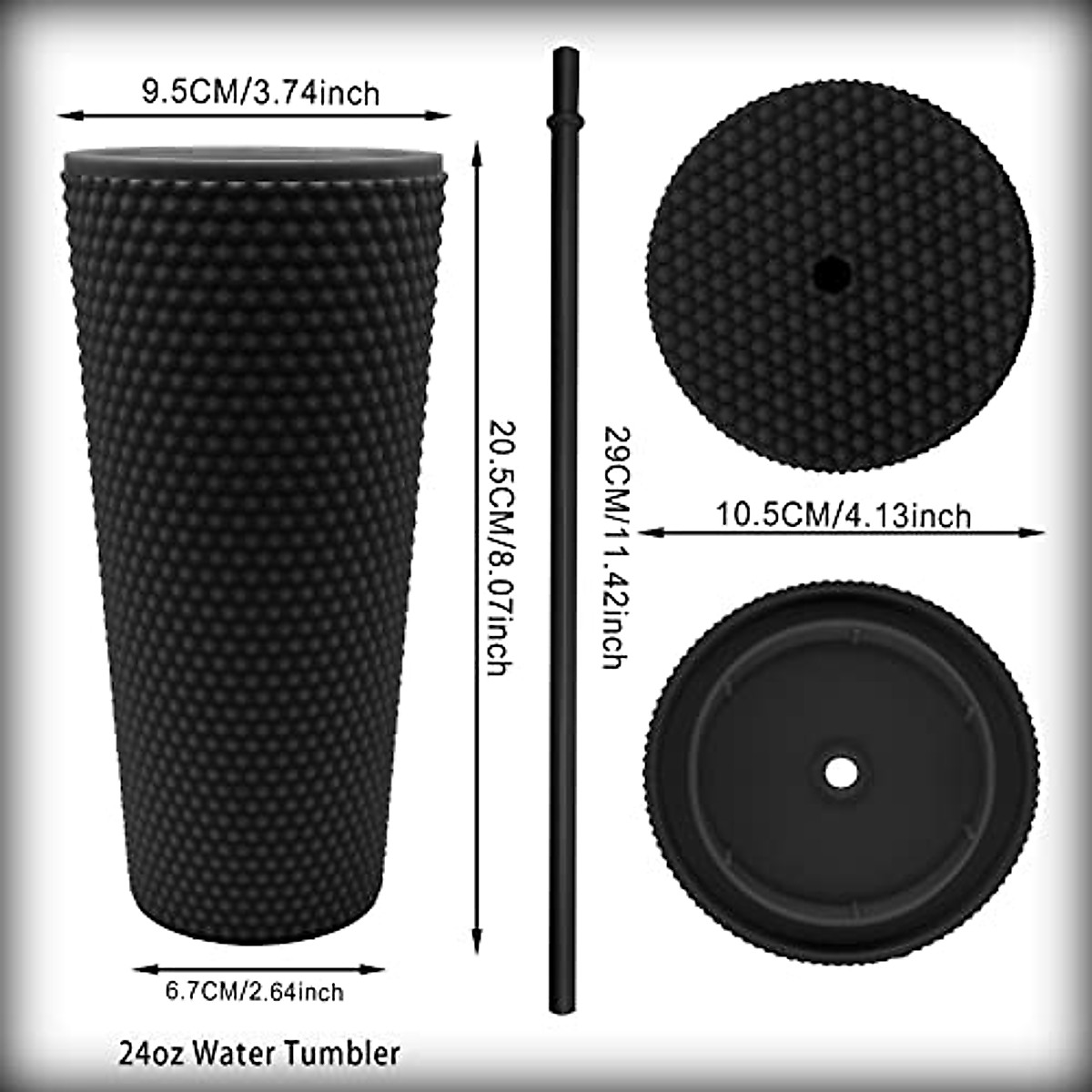 AQUAPHILE 24Oz Matte Studded Tumbler with Reusable Straw and Leak Proof Lid Water Cup Travel Mug Coffee Ice Water Bottle Double Walled Insulated Tumbler BPA Free(Black)