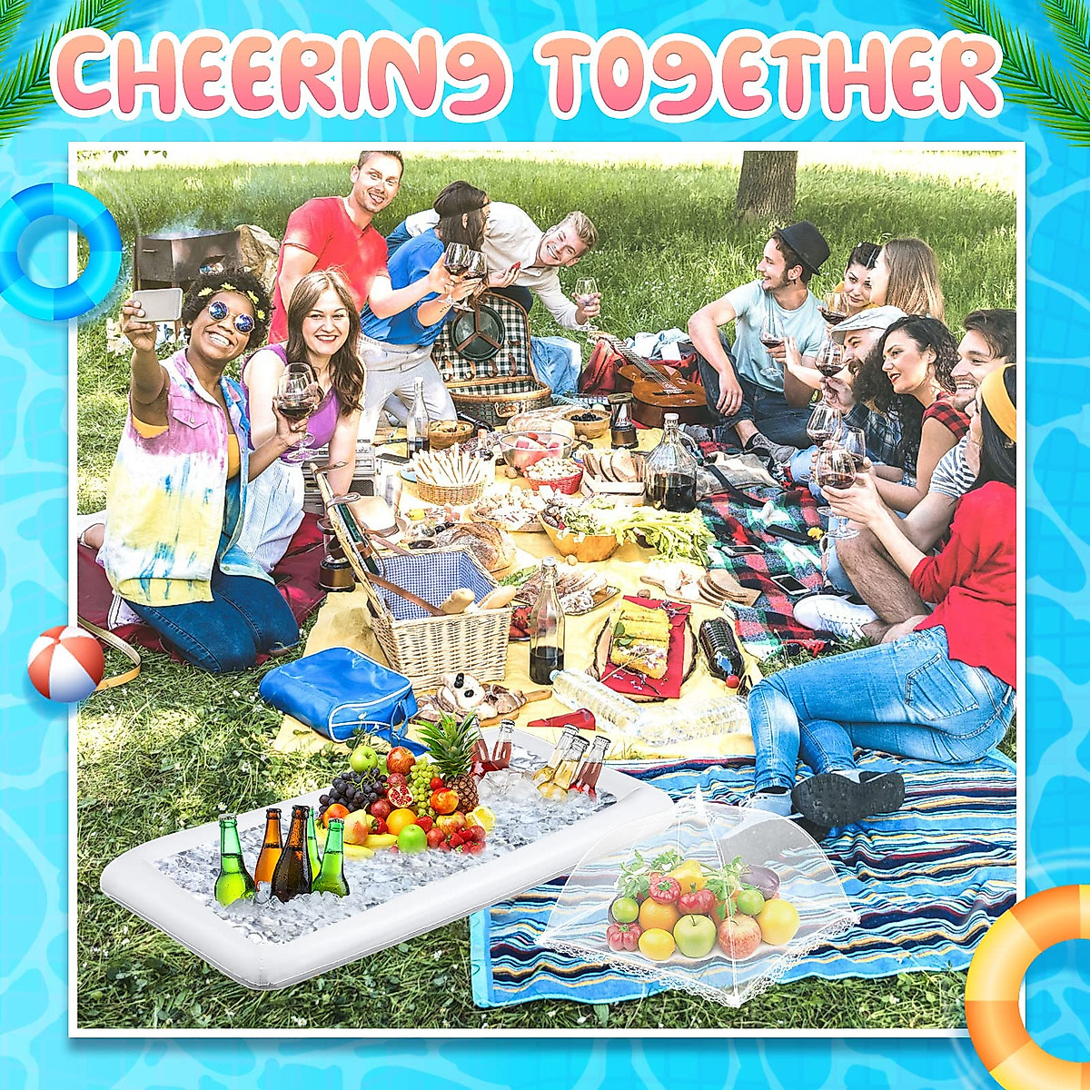 Didaey 4 Pieces Inflatable Ice Serving Bar Inflatable Cooler for Parties Floating Ice Tray Food Drink Containers 12 Pcs Mesh Food Umbrella Covers Tent Food Covers for Pool Party Outdoor Indoor Picnic