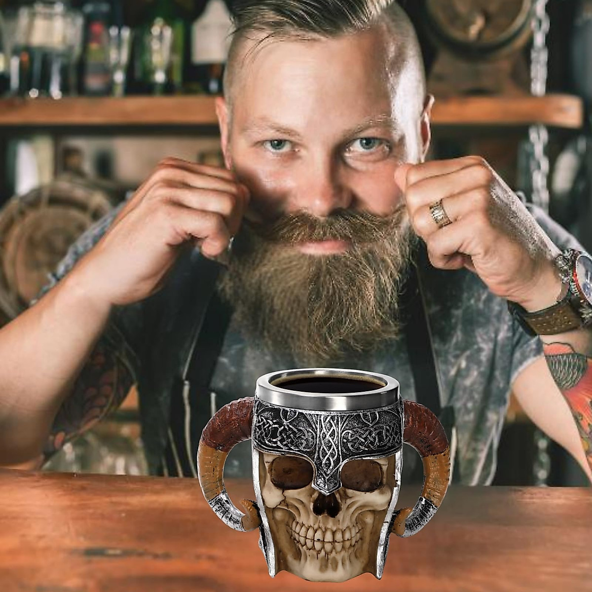 Tlence Stainless Steel Skull Mug, 20 OZ Halloween Viking Drinking Cup, Large Skeleton Resin Beer Stein Tankard with Double Handles, Bar Drinkware Medieval Decoration for Coffee, Tea, Novelty Gifts