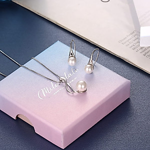 Milacolato Sterling Silver Pearl Jewelry Set 18K Gold Plated Genuine Freshwater Cultured Pearl Jewelry Pendant Necklace Pearl Earrings for Women Mom Mother's Day, White Pearl