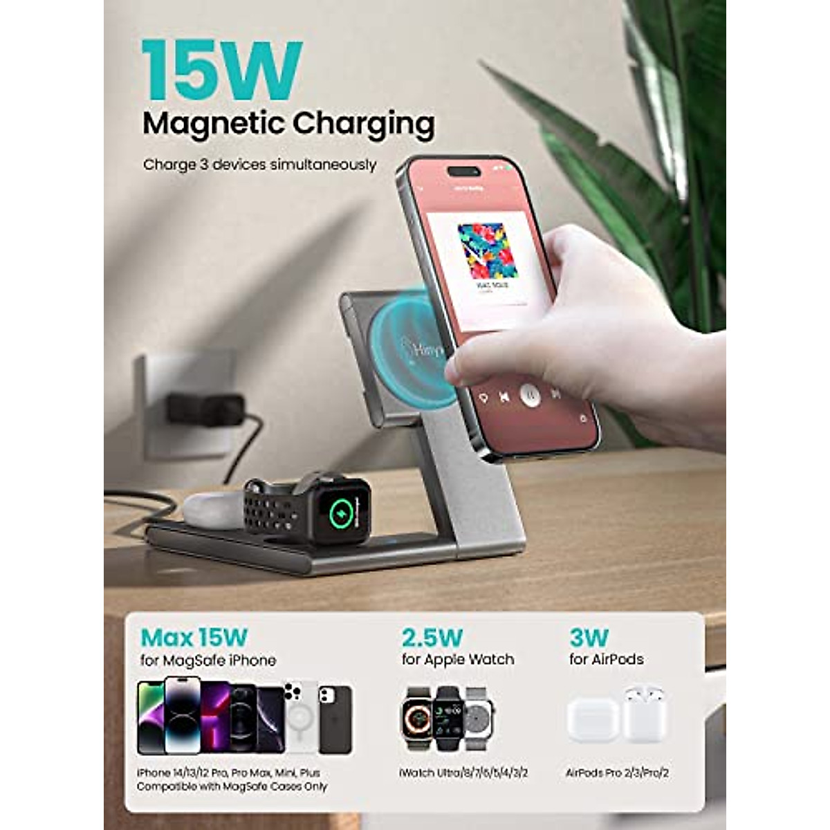 3-in-1 Foldable Magnetic Wireless Charger with MagSafe Charger Stand, Fast Magnetic Charging Station for iPhone 14/13/12 Series, iWatch 8/7/6/SE/5/4/3/2, AirPods 3/2/Pro (with QC 3.0 Adapter)