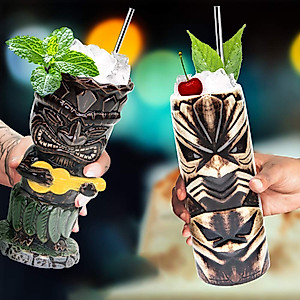 SuproBarware Tiki Mugs Set of 4– Ceramic Hawaiian Party Mugs Large Drinkware, Tiki Bar Mugs for Cocktails, Tropical Cups Drinks for Exotic Party - TJB02 (4pcs)