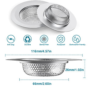 2PCS Kitchen Sink Strainer, Stainless Steel Sink Drain Strainer, Large Wide Rim 4.5" Diameter, Food Catcher for Most Sink Drains Kitchen Sink Basket Strainer
