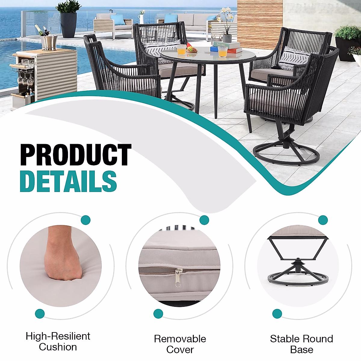 Patiorama Outdoor Swivel Dining Chairs Set of 6, Patio Wicker Dining Chairs, All-Weather Twisted PE Rattan Chairs, Outside Metal Swivel Chair with Cushion for Lawn Garden Backyard, Black/Light Gray