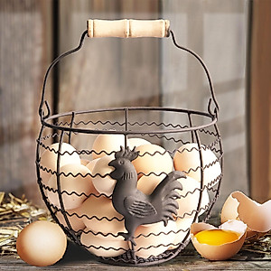Generic Wire Egg Basket for Gathering Fresh Eggs Collecting Basket With Handle,Rusty Chicken Decorated Small Chicken Egg Basket Vintage Style Eggs Holder Basket Countertop for Farmhouse Kitchen Decor