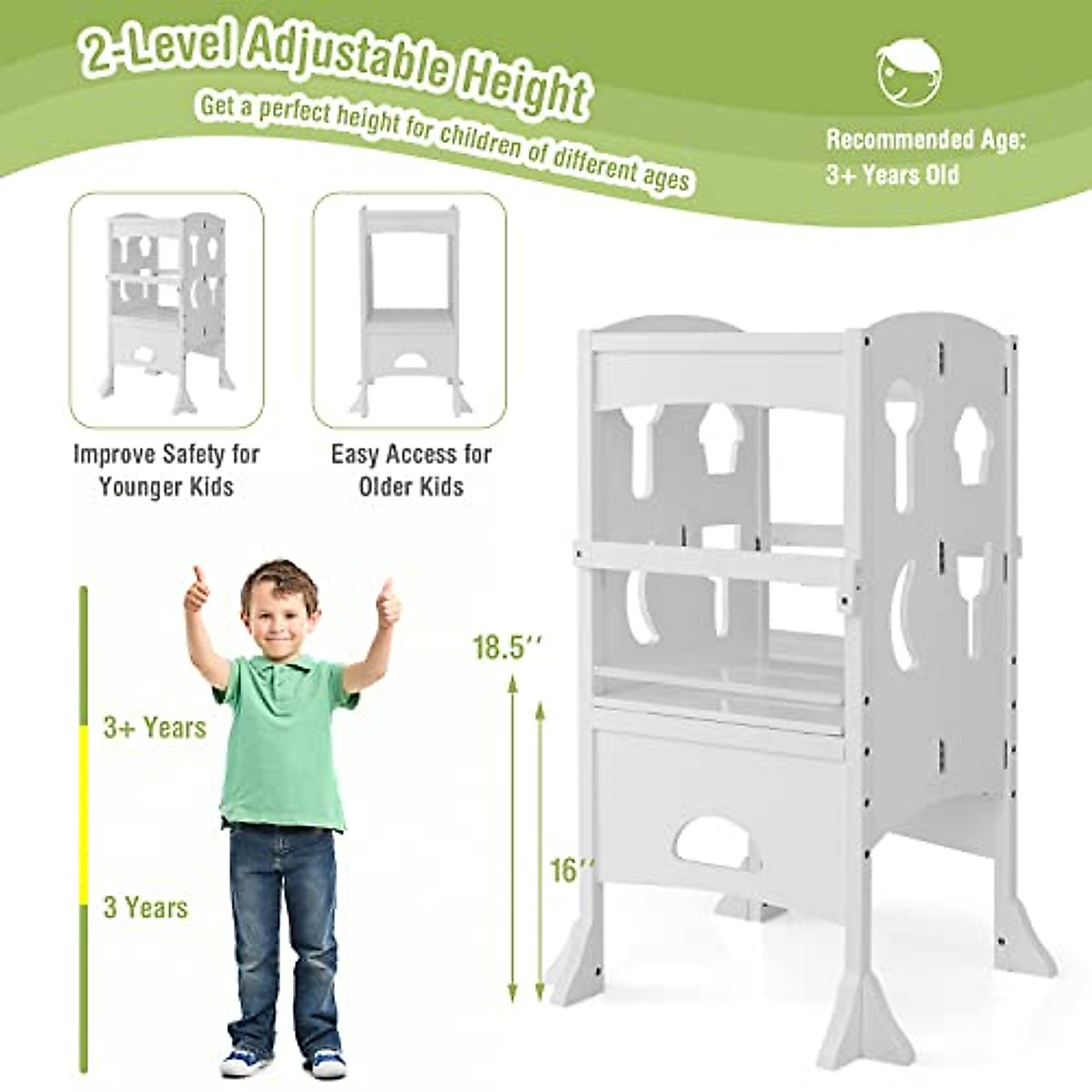 HONEY JOY White Kitchen Step Stool for Toddlers, Children Wooden Kitchen Tower Helper w/Safety Rail, Extra Kitchen Toys, Montessori Foldable Kids Learning Standing Tower for Kitchen Counter(White)