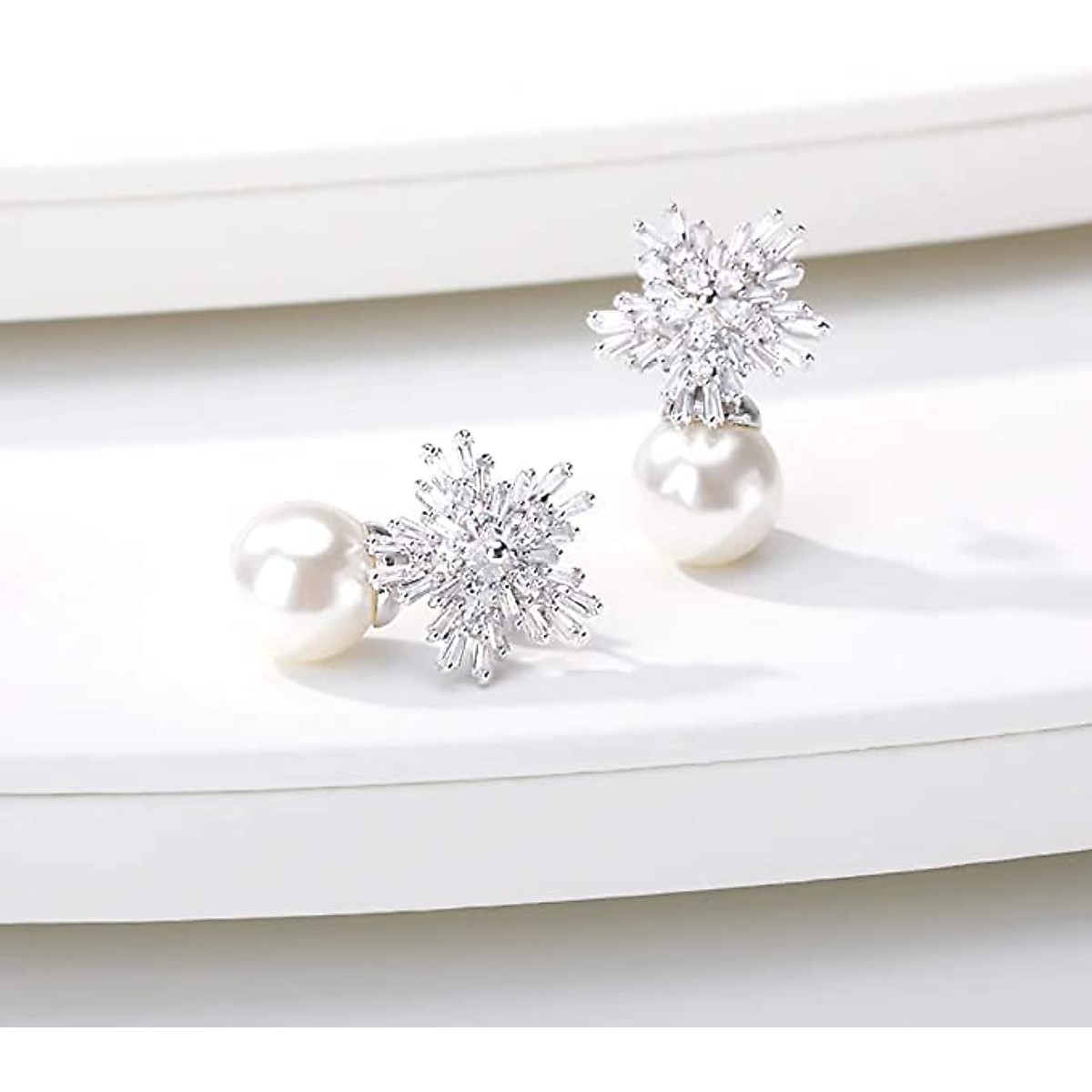 Silver Zirconia Earrings with White Pearl Style Stone - Soho Jewelry - Accessory for Women - Includes Gift Box