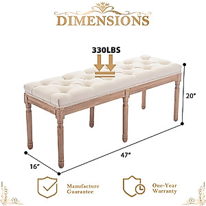 Bonzy Home Tufted Extra-Long Entryway Bench, 47” French Vintage Bedroom Benches Upholstered Dining Benches, Fabric End of Bed Bench for Bedroom Dining Room Living Room Entryway, Beige