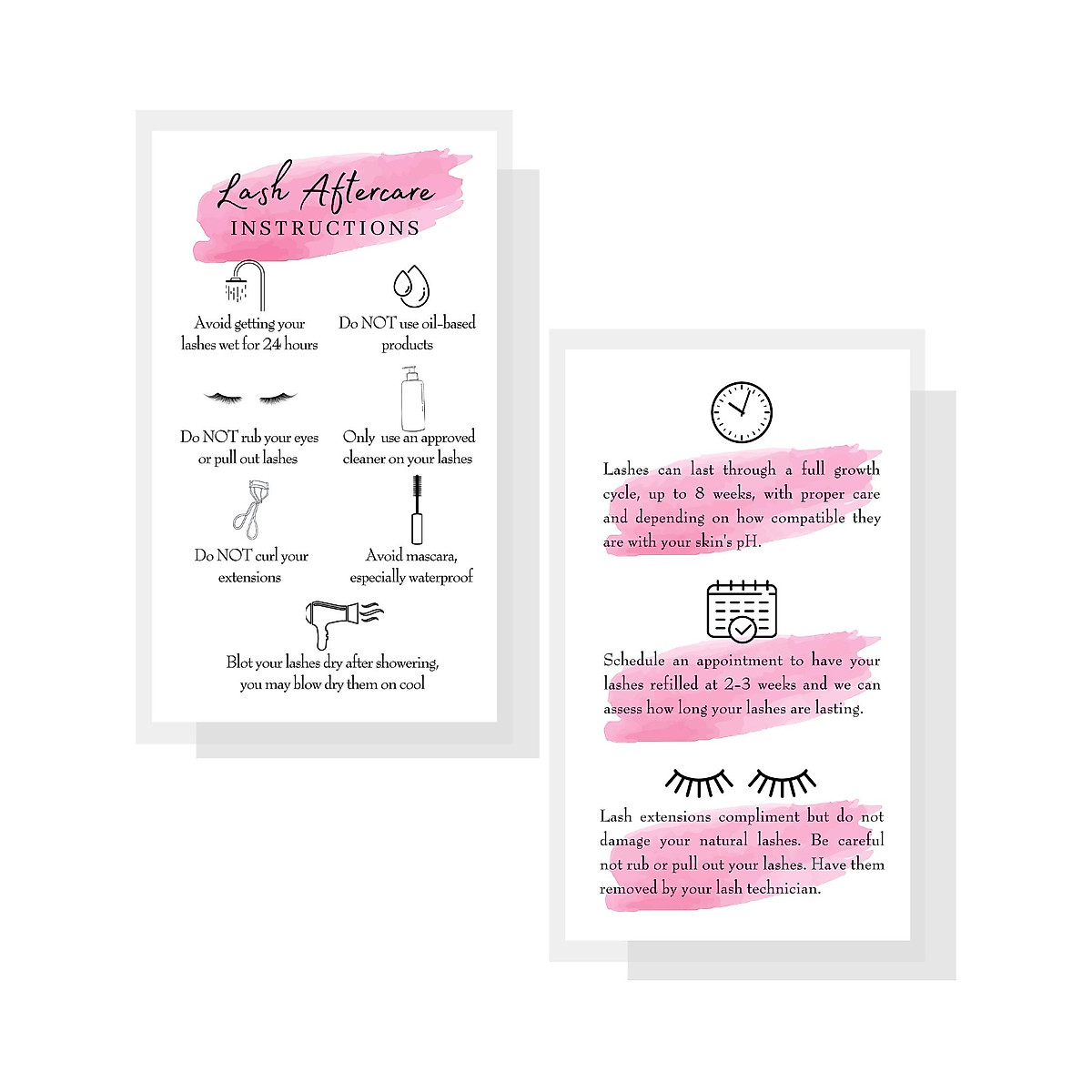 Lash Extension Aftercare Instructions Cards | 50 Pack | Double Sided Size 3.5 x 2" inches After Care (2-3 Week Fillers) | White with Pink Watercolor Design