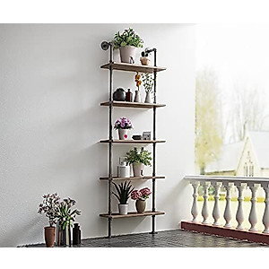 MCleanPin Industrial Shelves Ladder Bookshelves 73in Height 5 Tier Wall Mounted Bookcase, Display Storage Rack Plant Flower Stand Rustic Wood Shelves for Home Office, Bedroom, Kitchen,Living Room