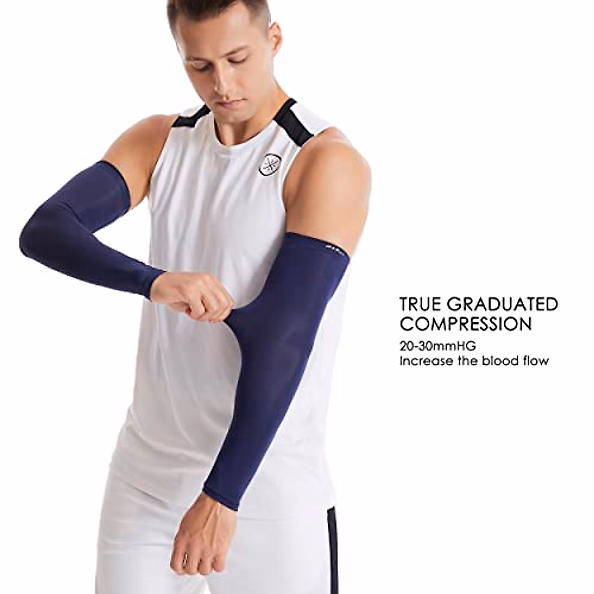 HiRui Arm Compression Sleeves for Men Women Youth Kids, UV Protection 20-30mmHG Support for Running Cycling Basketball Golf Tattoo Cover, Breathable Moisture-Wicking (Navy Blue, X-Large)