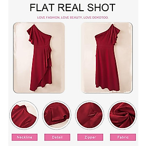 Dokotoo One Shoulder Dresses for Women Elegant Ruffle Empire Waist Asymmetrical Hi-Lo Hem Solid Zipper Up Bodycon Party Wedding Guest Midi Semi Formal Dresses Red Large