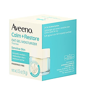 Aveeno Calm + Restore Oat Gel Facial Moisturizer for Sensitive Skin, Fast-Absorbing, Soothing Lightweight Gel Cream Face Moisturizer with Prebiotic Oat & Feverfew, Fragrance-Free, 0.5 oz