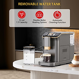 GarveeHome Espresso Maker with Automatic Milk Frother One Touch Control, Coffee Maker Built-in Grinder, 15 Brewing Options, Super Automatic Convenience, 1350W, Gold Gray