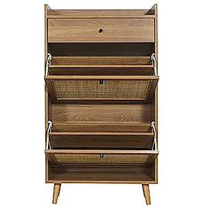 Pvillez Natural Rattan Shoe Cabinet with 2 Flip Drawers, Rattan Shoe Storage Cabinet Organizer with Wood Legs, Narrow Free Standing Shoe Rack for Entryway, Bedroom, Living Room, Apartment Walnut