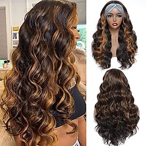 Brown Headband Wig 24 Inch Long Wavy Headband Wigs for Black Women Dark Brown Mix Blonde Highlights Loose Wave Headband Wig Synthetic Long Wigs for Women and Girls Daily Party Wear (Brown)
