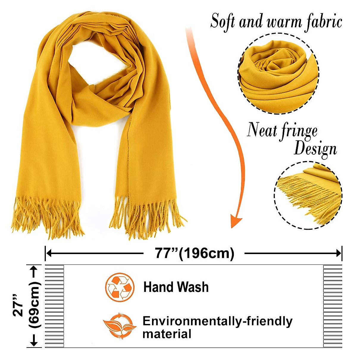 PASKMLNA Large Cashmere Wool Pashmina Shawl Wrap Scarf (Mustard Yellow #2-16)
