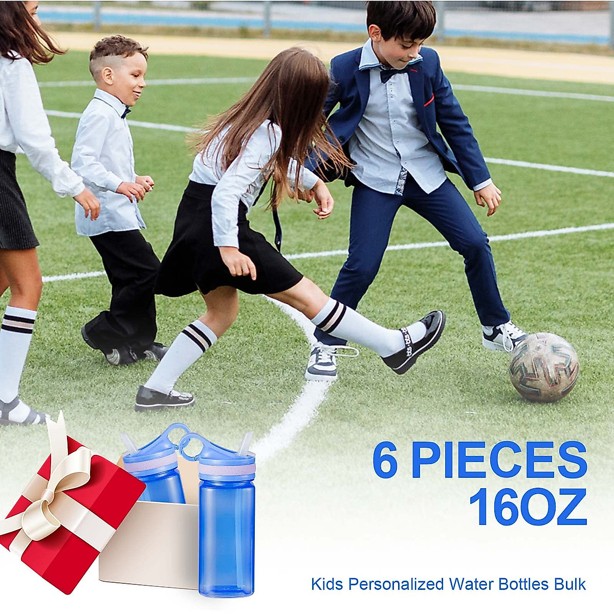 6 Pack Kids Water Bottle with Straw & Hanging Clip, 16 oz Square Personalized Plastic Water Bottle Bulk, Dishwasher Safe & Lightweight for Boys Girls to School Sports Travel Camping, DIY Gift, Blue