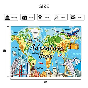 LIGHTINHOME World Map Backdrop 7Wx5H Feet Around The World Let The Adventure Begin Adventure Awaits Kids Baby Shower Graduation Going Away Photography Background Decorations Photo Booth Studio Prop