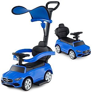 HONEY JOY Ride On Push Car, Licensed Mercedes-Benz Push Cars for Toddlers, Adjustable Canopy & Seat Storage, Horn, Toddler Push Car with Handle, Ride On Toy for Boys Girls(Blue)