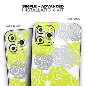 Design Skinz Gray and Lime Green Cartoon Roses - DesignSkinz Protective Vinyl Decal Wrap Skin Cover Compatible with The Apple iPhone 12 Pro (Full-Body, Screen Trim & Back Glass Skin)